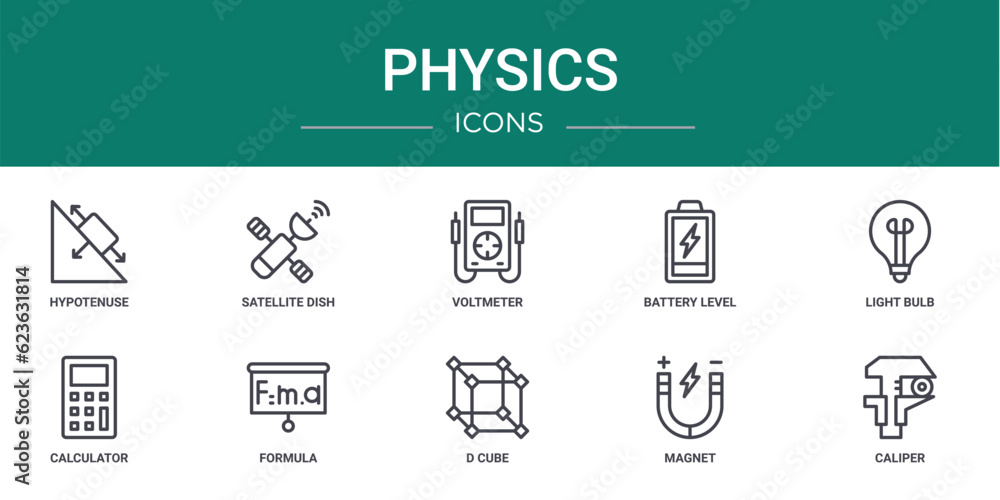 set of 10 outline web physics icons such as hypotenuse, satellite dish ...