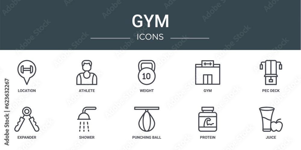 set of 10 outline web gym icons such as location, athlete, weight, gym ...