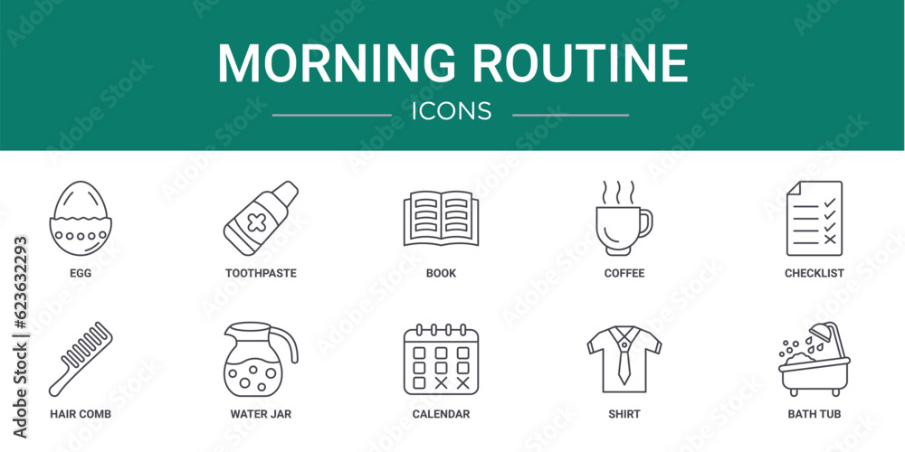 set of 10 outline web morning routine icons such as egg, toothpaste ...
