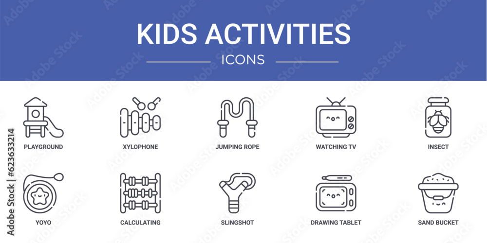 set of 10 outline web kids activities icons such as playground ...
