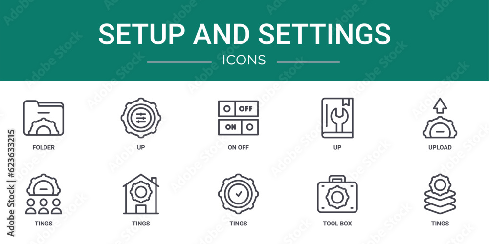 set of 10 outline web setup and settings icons such as folder, up, on ...