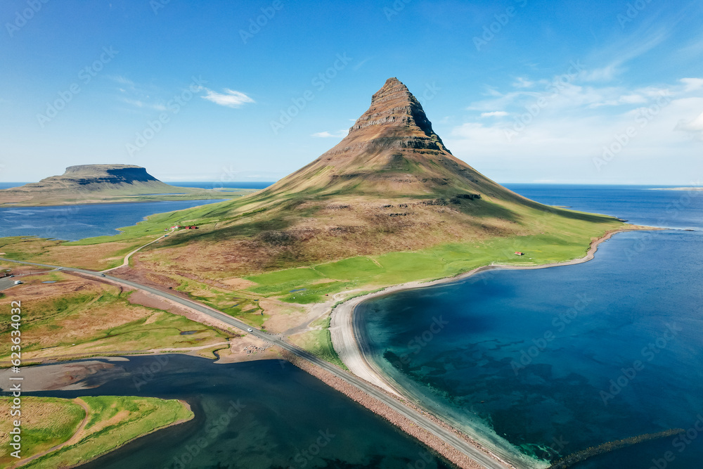 Aerial view of Kirkjufell and the bay of Grundarfjordur on the ...
