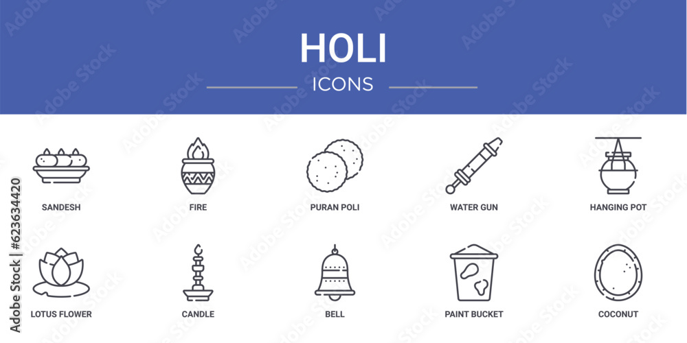 set of 10 outline web holi icons such as sandesh, fire, puran poli ...