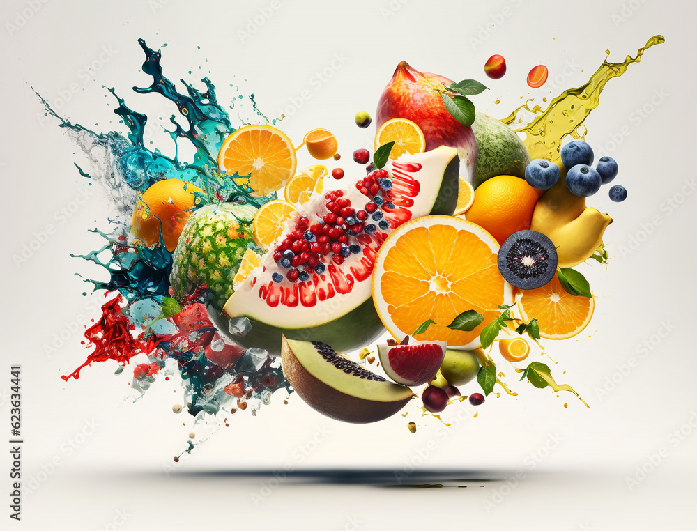 MIxed fruits that is flying in the air, digital art, colorful splatter ...