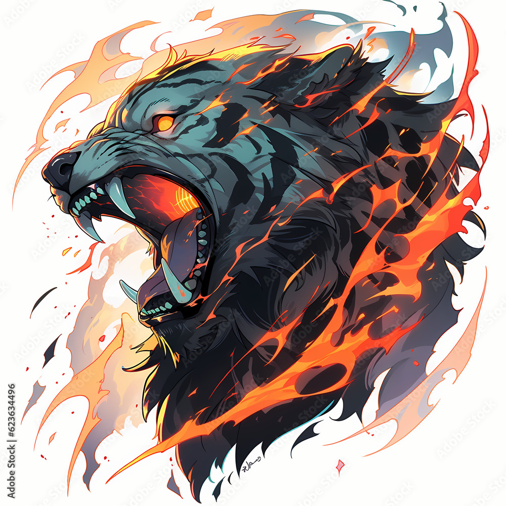 The flames of a raging tiger, in the style of detailed character ...