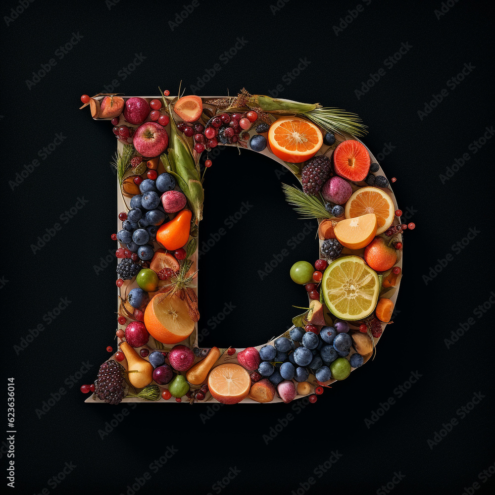 Capital letter D generated from fruit and vegetables. 3D render of ...