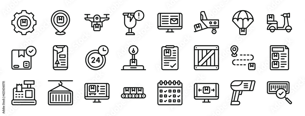 set of 24 outline web logistics icons such as management, location ...