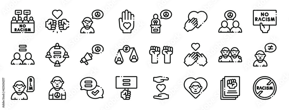 set of 24 outline web no racism icons such as protest, friendship ...