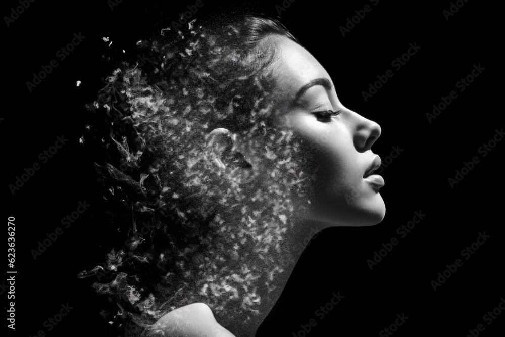 Woman portrait profile with dispersion and dissolve effect. Generative ...