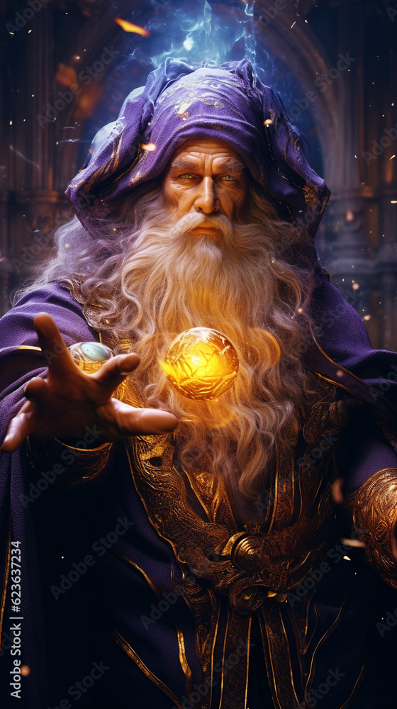 Ilustração do Stock: Powerful wizard with purple cloak and a magic ...
