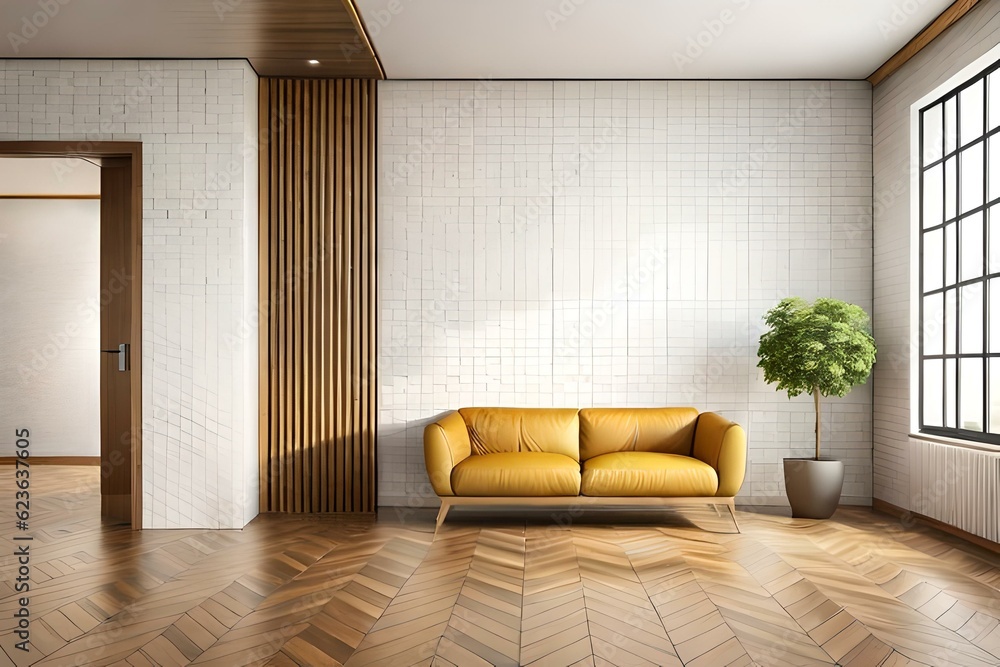 Empty room with wood panels and potted plants, parquet floor. White ...