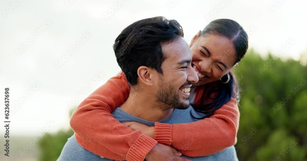 Young couple, hug and smile in park with love, romance and excited for ...