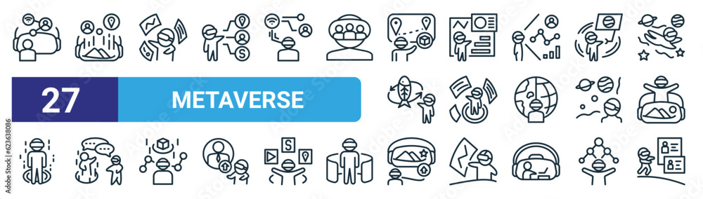 set of 27 outline web metaverse icons such as vr glasses, vr glasses ...