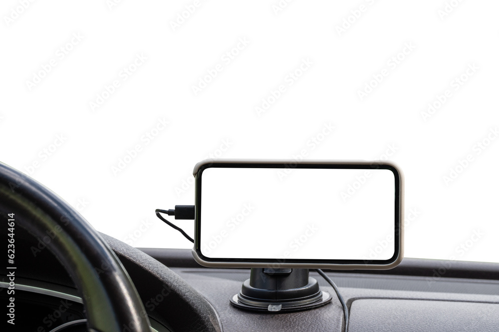 Smartphone in a holder with empty white screen on the dashboard of a ...