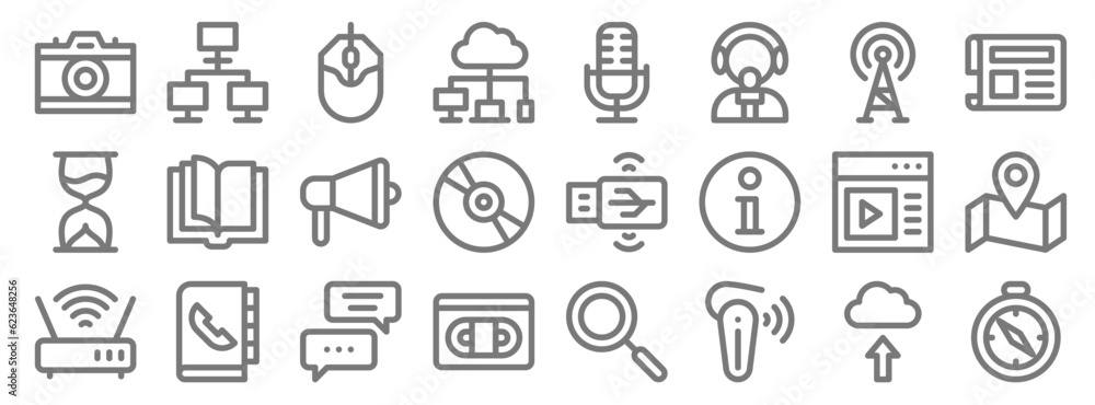 communication and media line icons. linear set. quality vector line set such as compass, handset ...