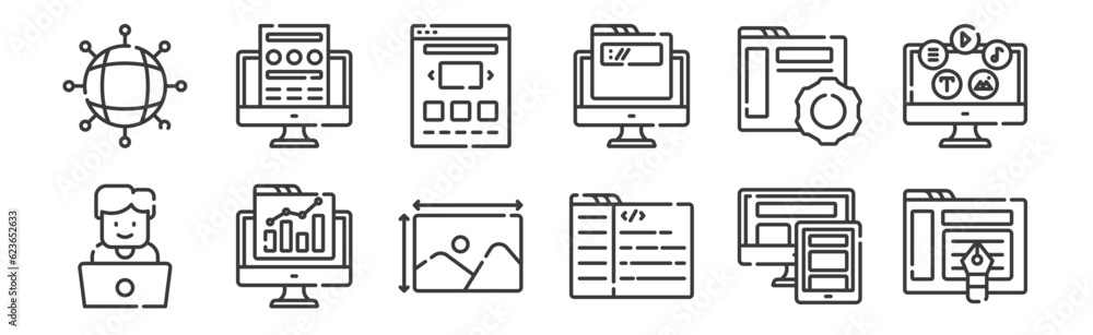 12 set of linear web development icons. thin outline icons such as de, coding, analytics ...