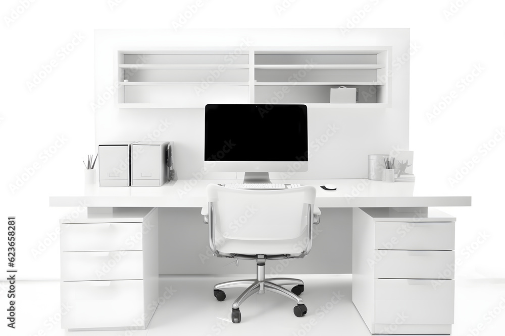 Office workplace desk in front of empty chair isolated on white ...