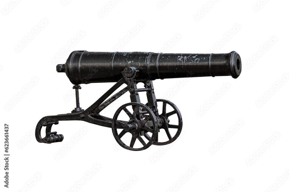 Cutout of an isolated old black cannon side view isolated with the ...