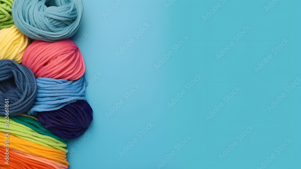 Knitting background with rainbow colorful yarn over blue background ...