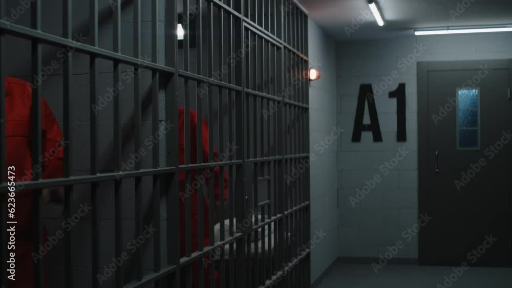Prisoners in orange uniforms walk in prison cells, hold metal bars ...