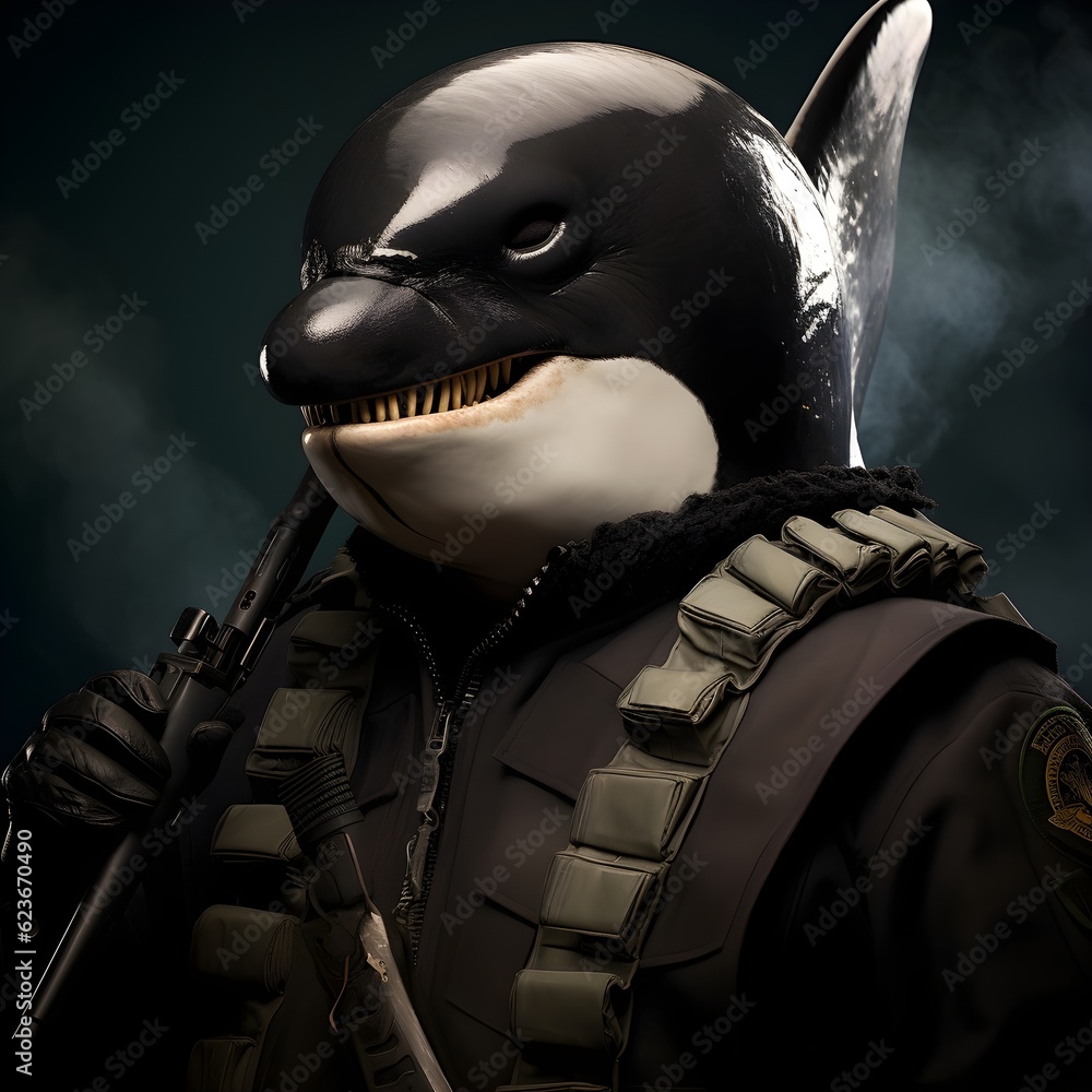 Photorealistic headshot of an orca wearing police uniform and smoking a ...