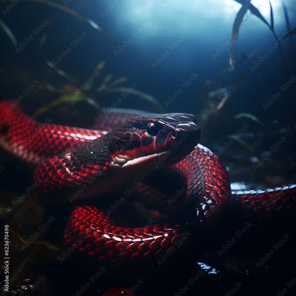 Red whipsnake swimming underwater in a dark cinematic setting. Red ...