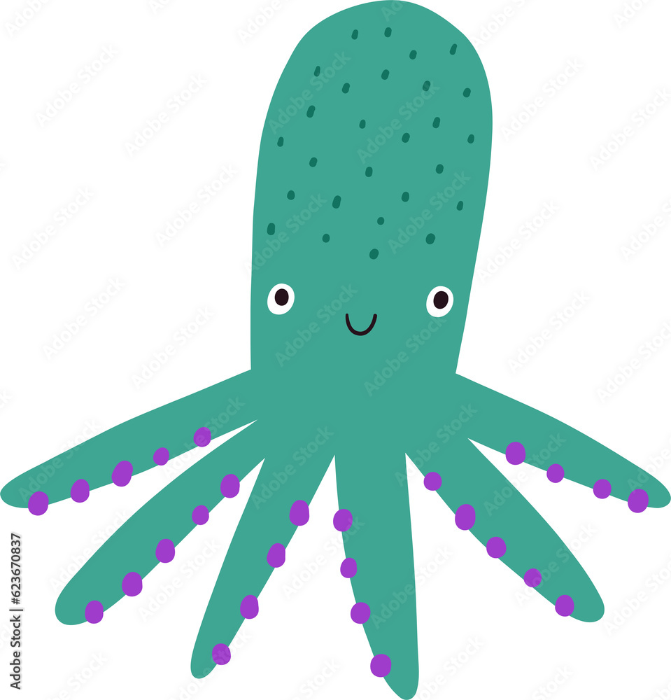 Cute cartoon octopus on a transparent background. Awesome character ...