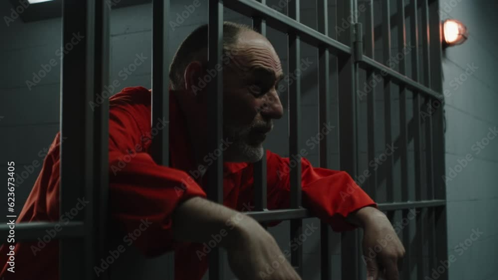 Elderly prisoner in orange uniform stretches fingers, leans on metal ...
