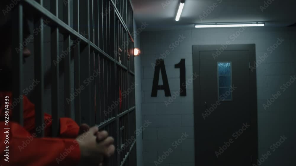 Prisoners in orange uniforms lean on metal bars. Angry elderly inmate ...