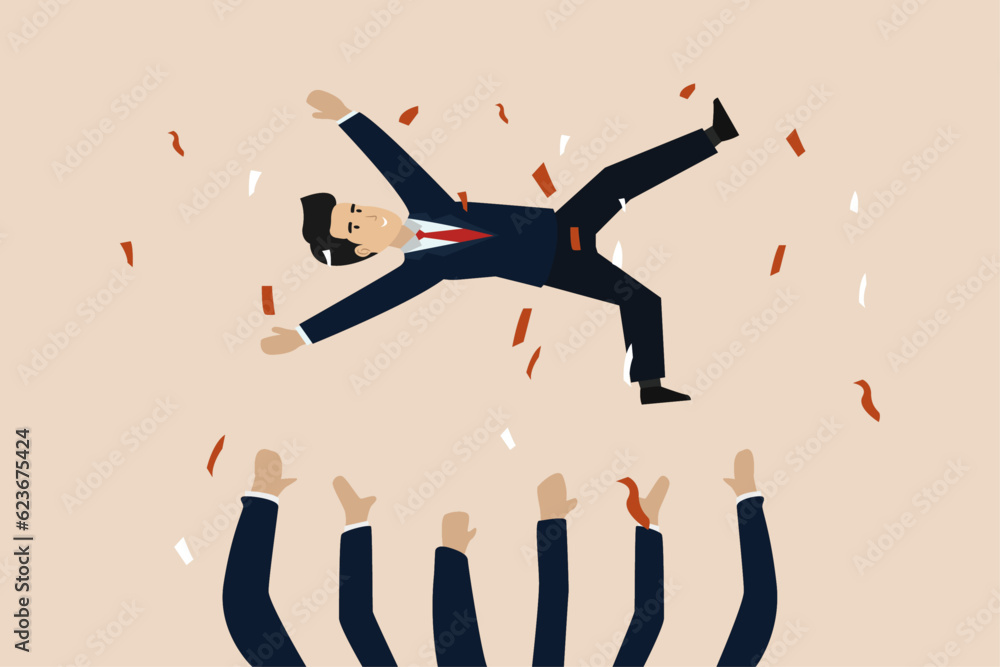 Vetor de Job promotion celebration, winning prize, success in work or ...