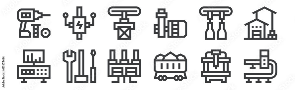 12 set of linear manufacturing icons. thin outline icons such as ...