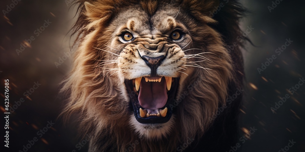 An angry lion with an open mouth. expression of anger. Portrait of a ...