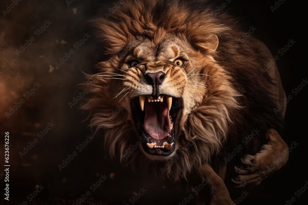 An angry lion with an open mouth. expression of anger. Portrait of a ...