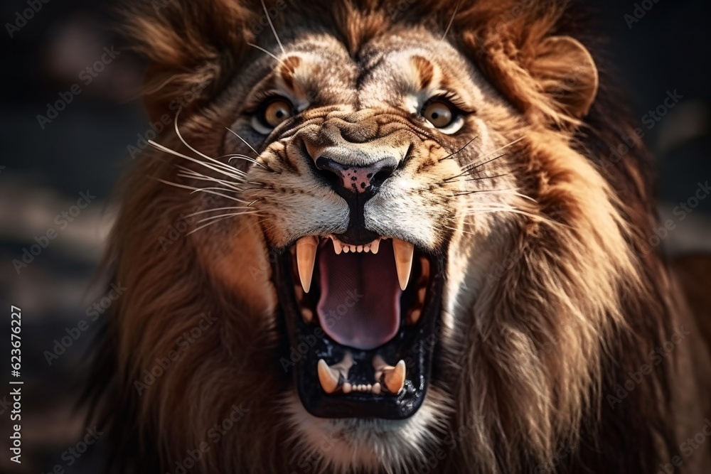 An angry lion with an open mouth. expression of anger. Portrait of a ...