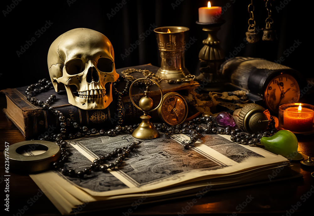 Mysterious still life Voodoo Black magic with burning candles, skull ...