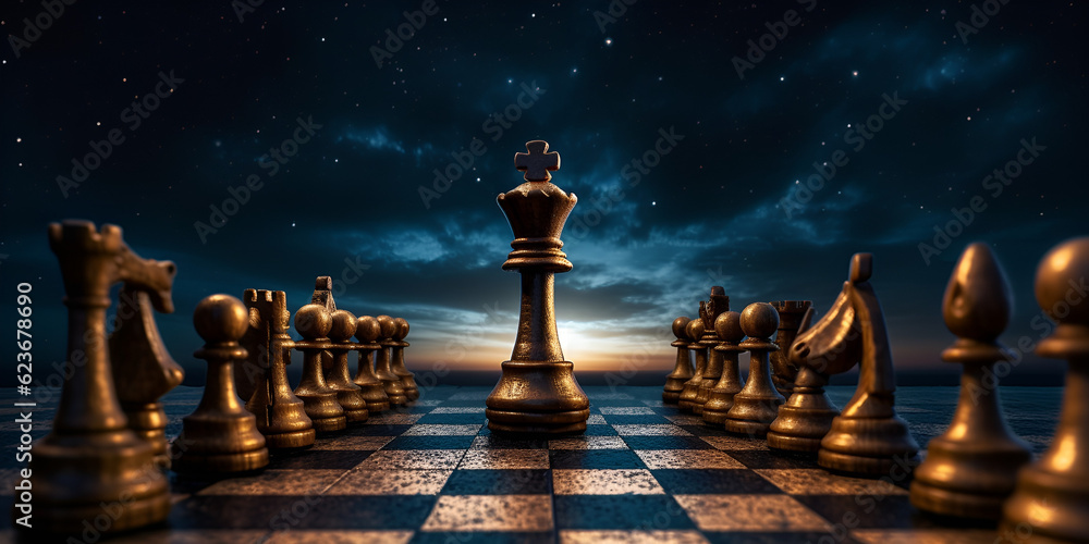 Chess pieces on chessboard with city background Cityscape with chess ...