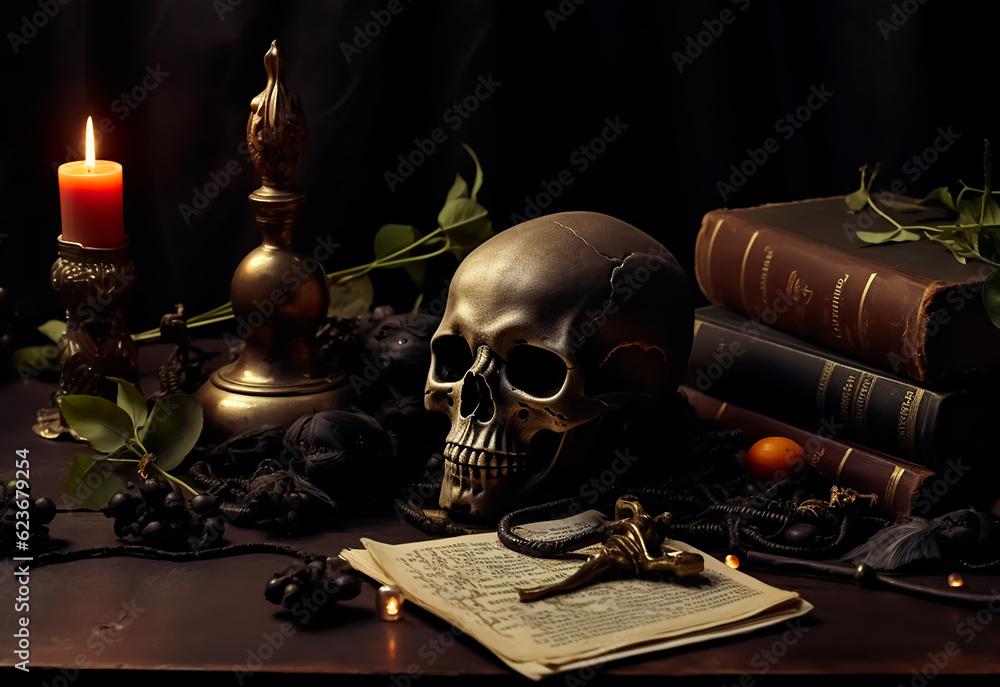 Mysterious still life Voodoo Black magic with burning candles, skull ...