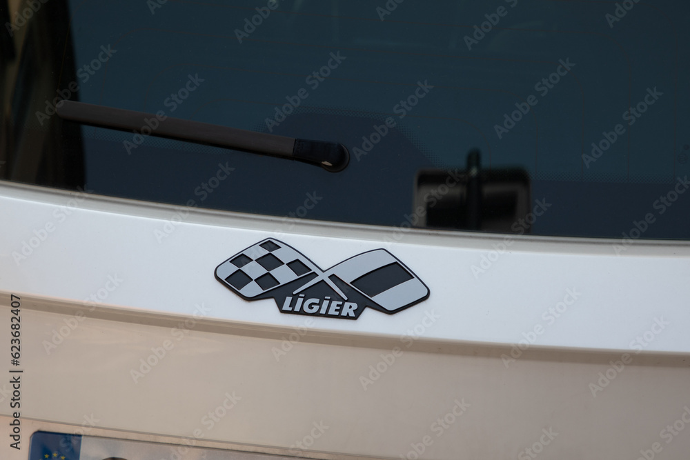 Ligier logo sign flag brand text closeup on rear micro car small ...