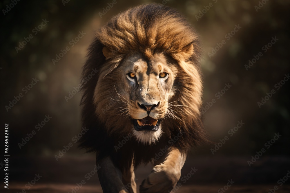 An angry lion with an open mouth. expression of anger. Portrait of a ...