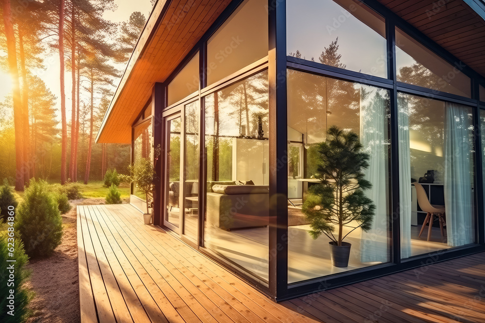 Luxury modern home showcase exterior patio behind glass near a window ...