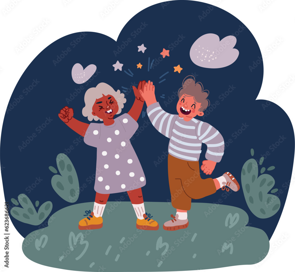 Cartoon vector illustration of Young kids jumping giving high five ...