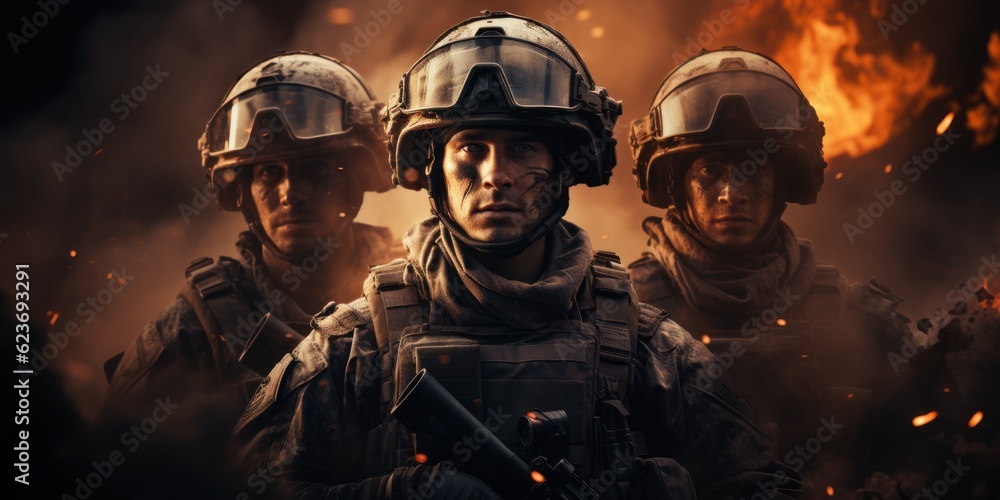 Special Forces Soldiers, Battlefield War Destroyed by bombs and smoke ...