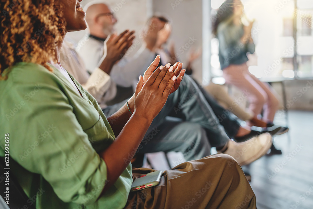 Office Applause Scene with Focus on African American Woman's Hands ...