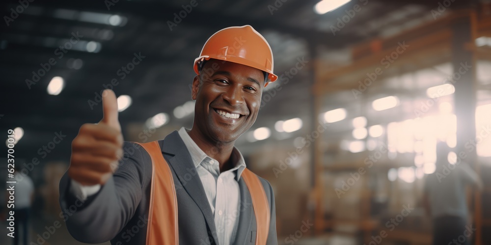 Happy Young male african american engineer wearing safety workwear ...