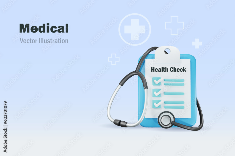 Medical health check. Stethoscope with medical check list board ...