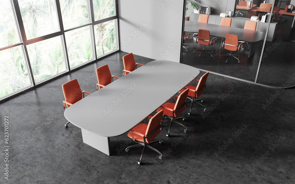 Top view of office interior with conference table and armchairs ...