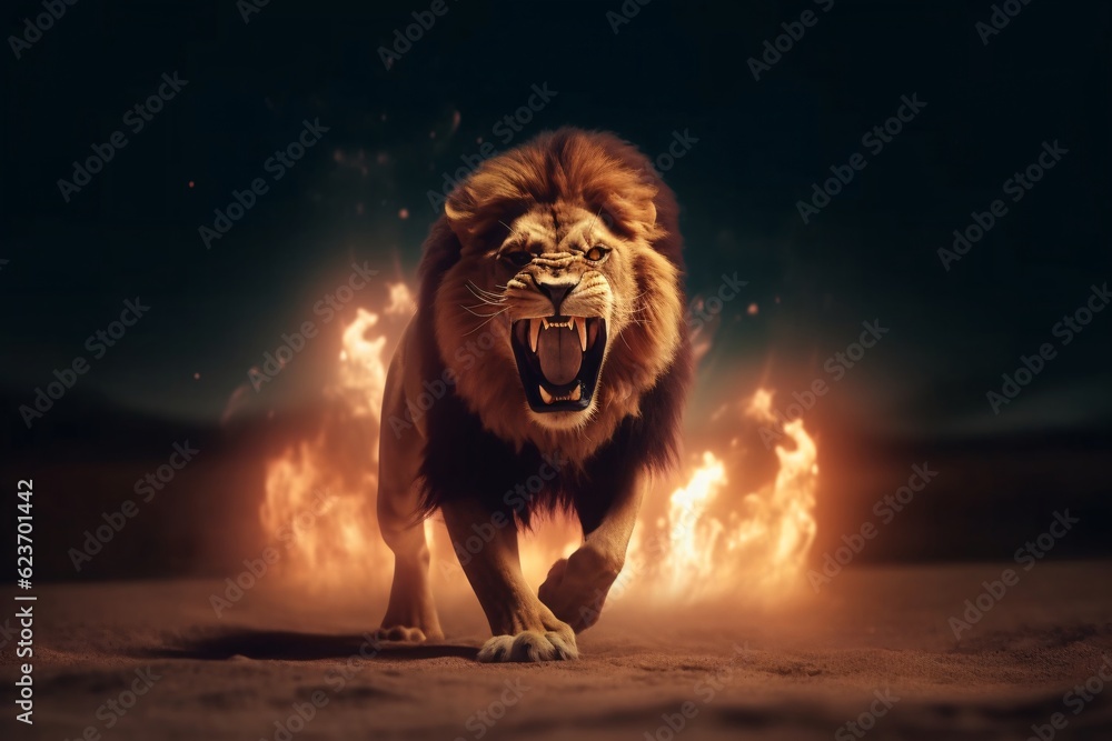An angry lion with an open mouth. expression of anger. Portrait of a ...