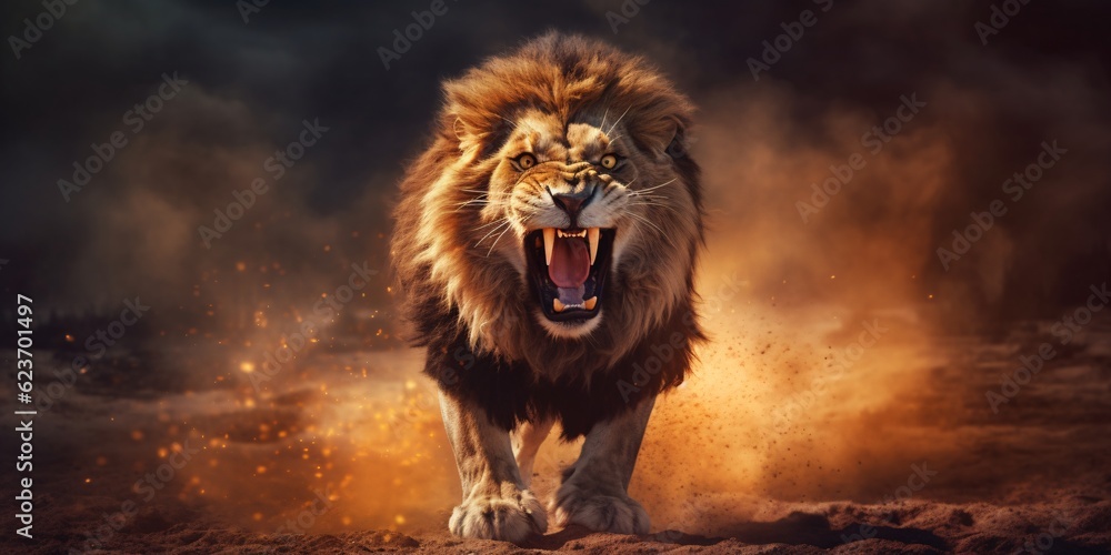 An angry lion with an open mouth. expression of anger. Portrait of a ...