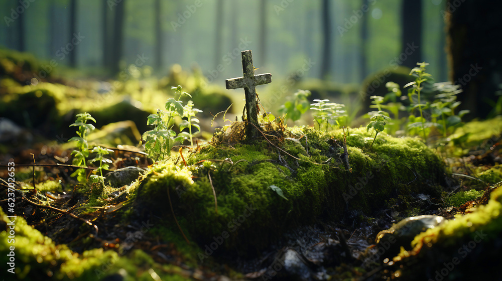 Forest dig cemetery, funeral background, Wooden cross on moss. Natural ...