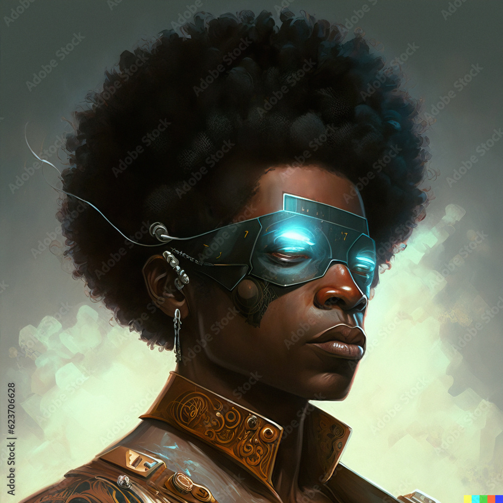 Portrait of a black male wearing neon goggles with a bionic implants ...